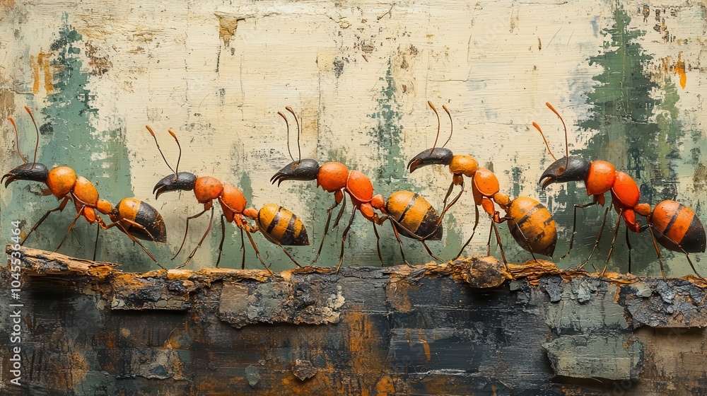 line of industrious ants traversing a textured forest floor earthy ...