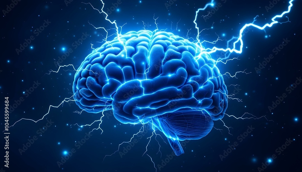 Human brain digital illustration. Electrical activity, flashes and ...