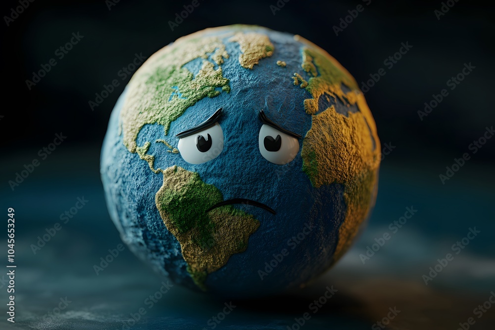 3D cartoon illustration of the Earth with sad face, representing ...