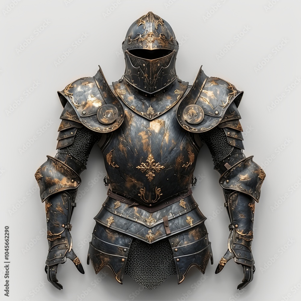 Knight gold plated armor with helmet. Ancient medieval plate clothing ...