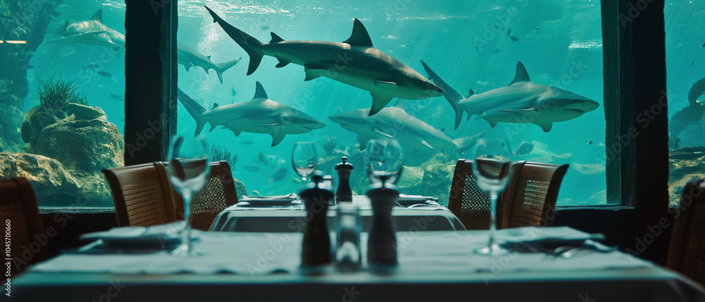 Restaurant or dining room in underwater hotel resorts. Tables ready for ...