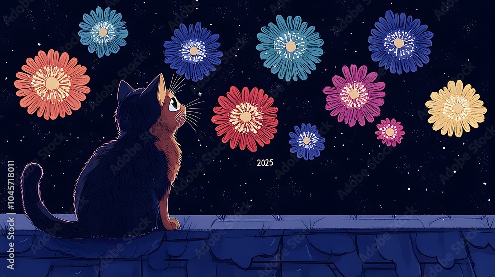 Cat and Fireworks: “2025”. 2025 . Silhouette of a cat sitting on a ...