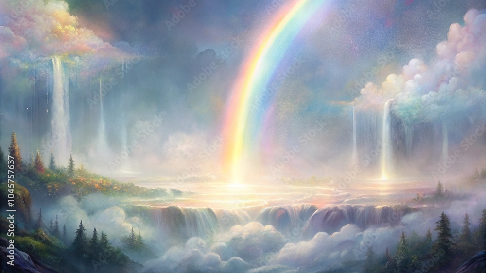 Rainbow over ocean with sunlit clouds and waves Stock Illustration ...