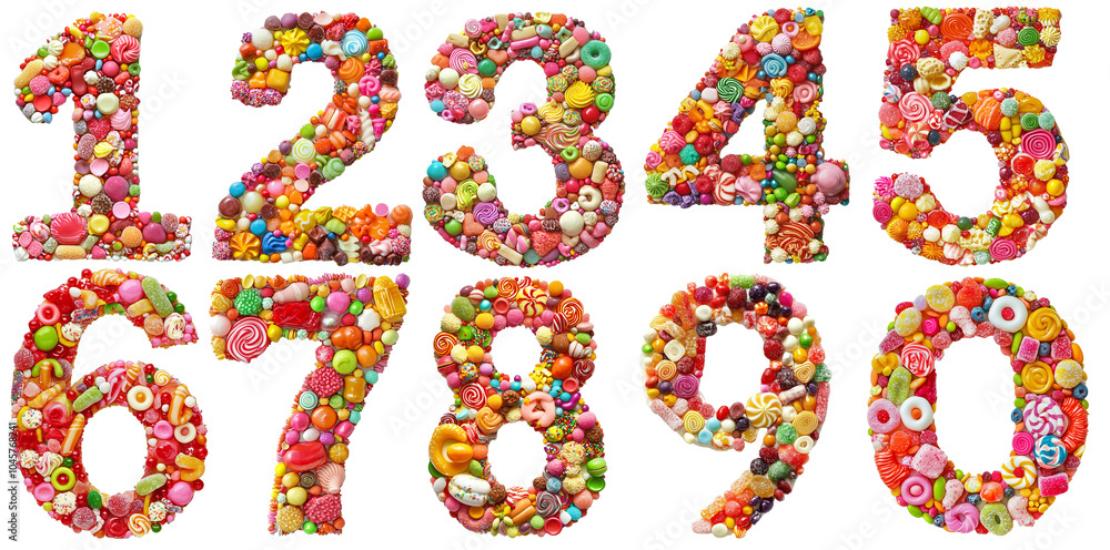 Numbers set made of colorful candies and sweets, merging playful and ...