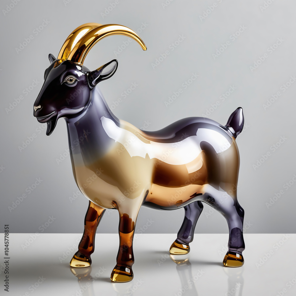 Stylized Glass Goat Sculpture in Black, Silver, and Bronze with Golden ...
