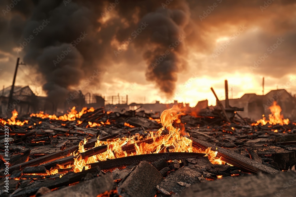 Destructive scene of fire and smoke in a devastated area during ...