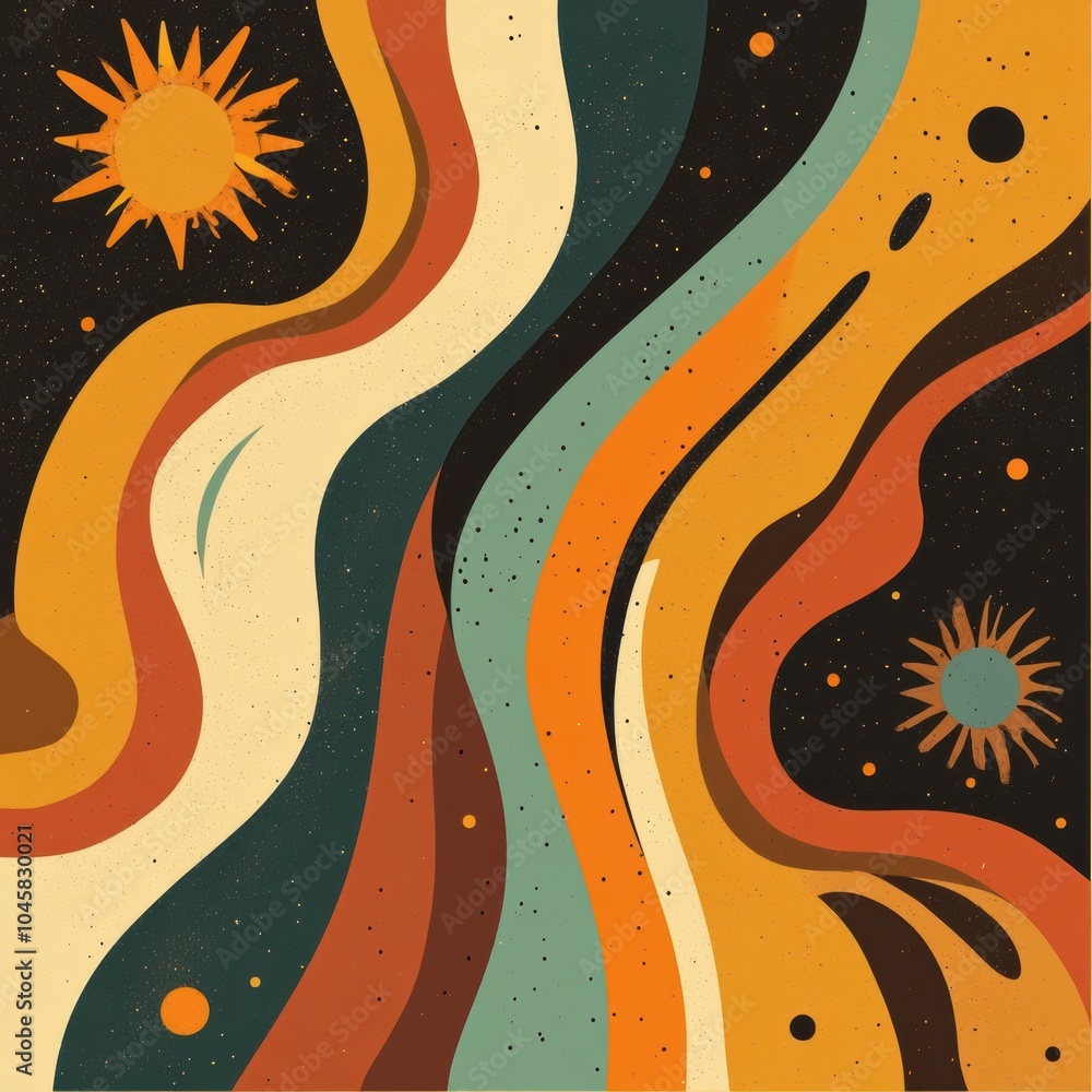 This doodle displays dynamic curves and retro shapes in warm tones ...