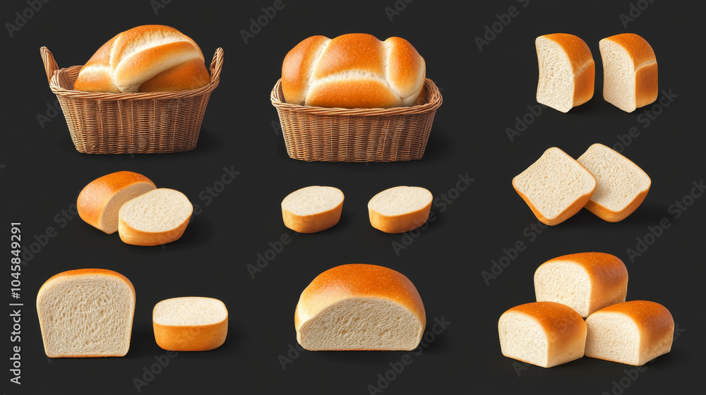 A white bread bun is shown in various ways: single slices, stacked, in ...