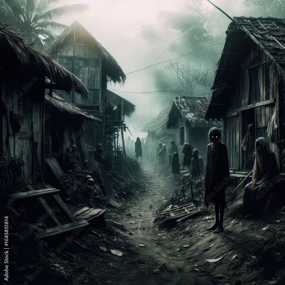 Ai generated illustration villagers look like zombies, torn clothes ...