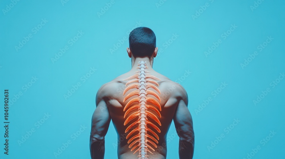 Anatomy a human back with pain in the spine isolated on bright blue ...