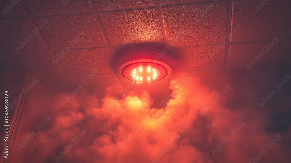 Ceiling fire alarm with red LED light and surrounding smoke, ideal for ...
