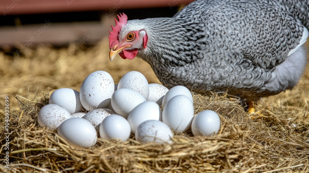 Possessive hen throwing a temper tantrum over white eggs in a straw ...