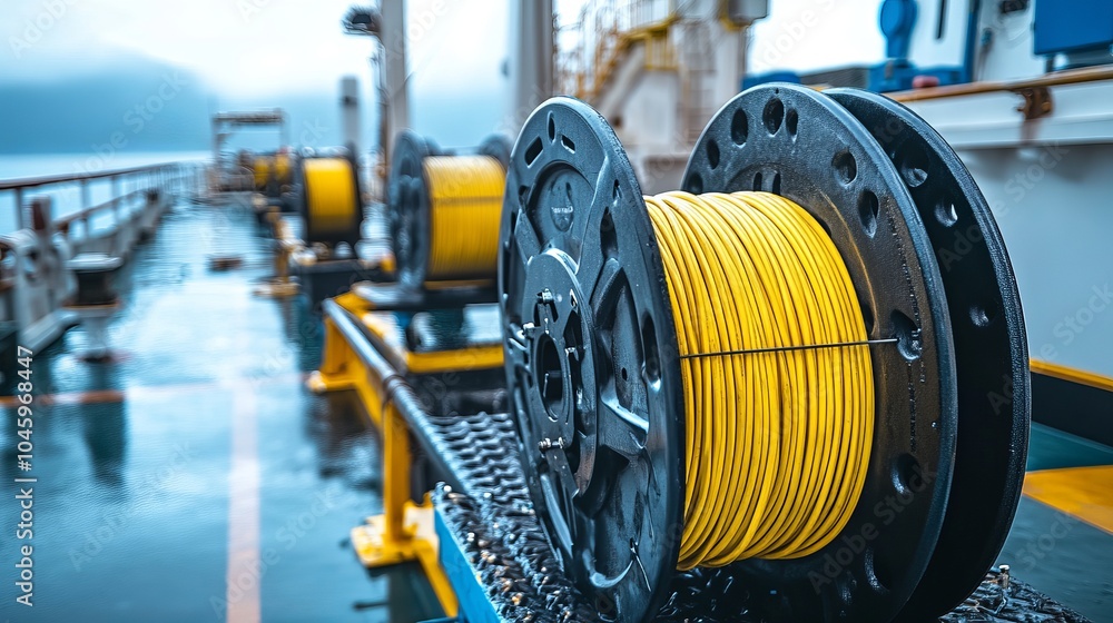 Foto de Stock A bulk industrial subsea glass fiber optic cable on a ...