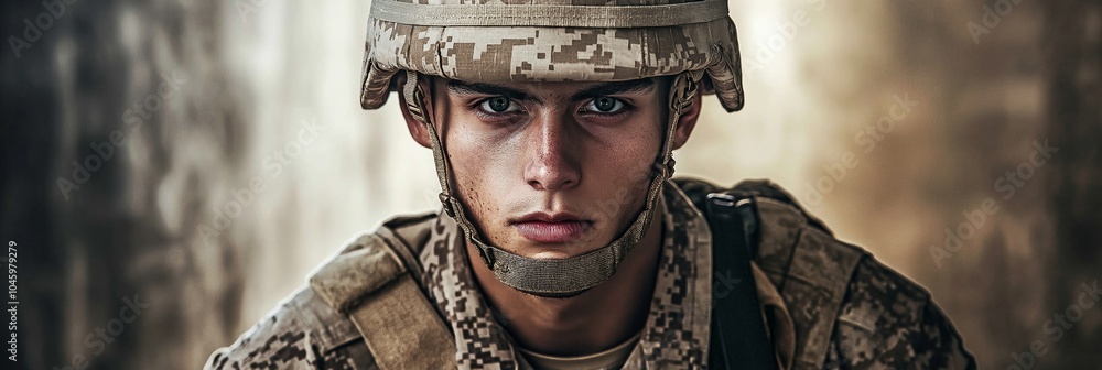 Intently focused soldier looks forward, helmet on, in a dim corridor ...