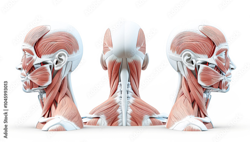 Three heads of a man with muscles showing. The heads are in different ...