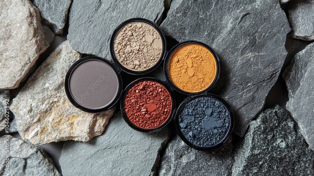 Aerial view of crushed earth-toned eyeshadow pans on a stone background ...