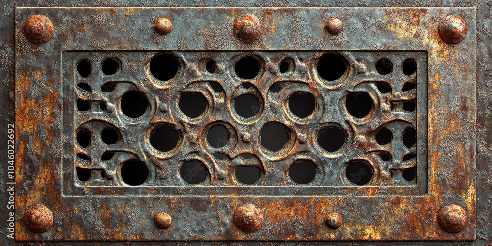 Aged metal grate with a repeating circle and square design, heavily ...