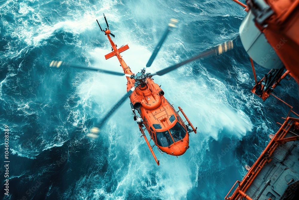 Orange helicopter flying above rough sea. This photo depicts a ...