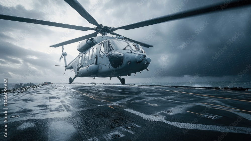 Helicopter landing on ship deck. Photo shows a military helicopter ...