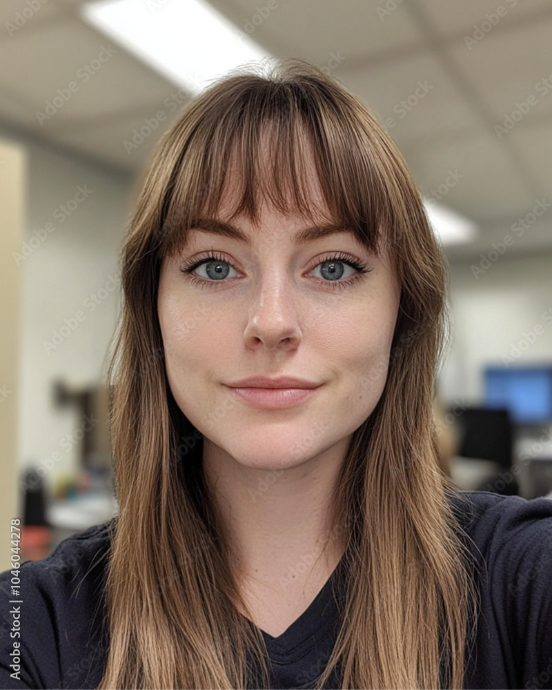 A photo of an average-looking woman with straight brown hair, bangs ...