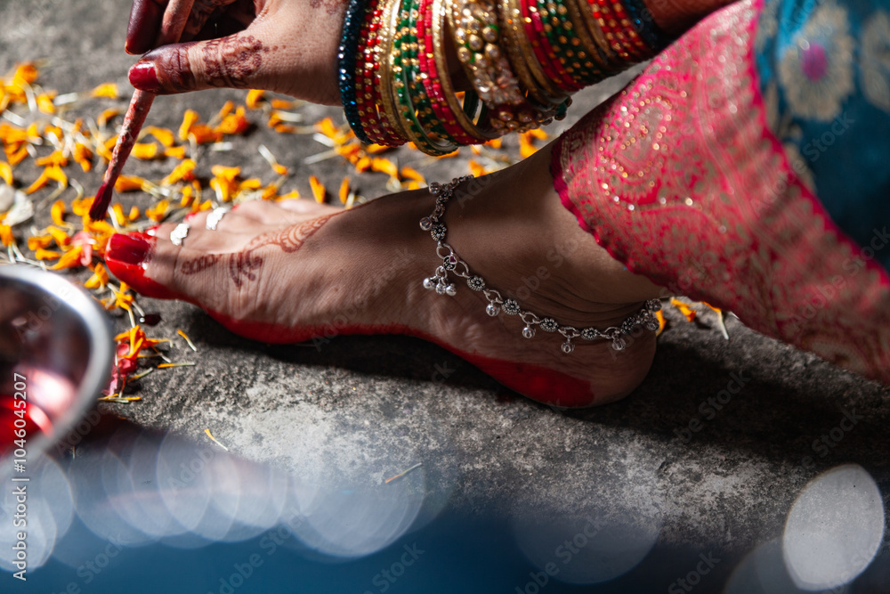 A traditional Indian woman applies red aalta to her foot, decorated ...