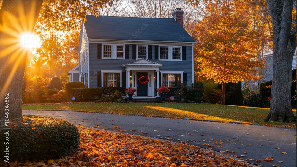 beautiful colonial home on a suburban neighborhood street, fall weather ...