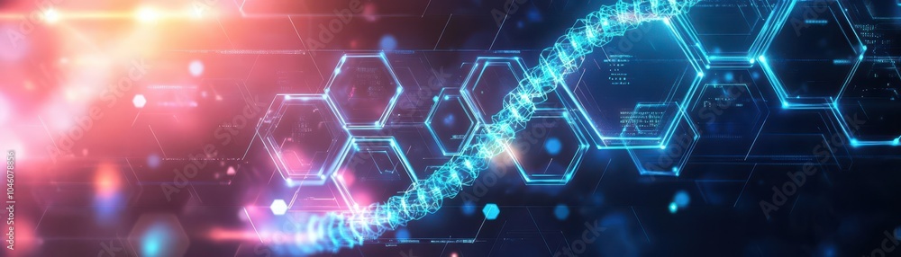 DNA strand composed of glowing hexagons and geometric shapes ...