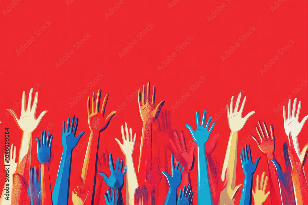 Many hands up in the air at a protest rally, gripping hand-made signs ...