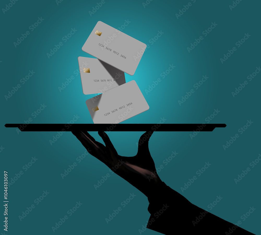 Credit cards seem to dance as they are served up on a tray in a 3-d ...
