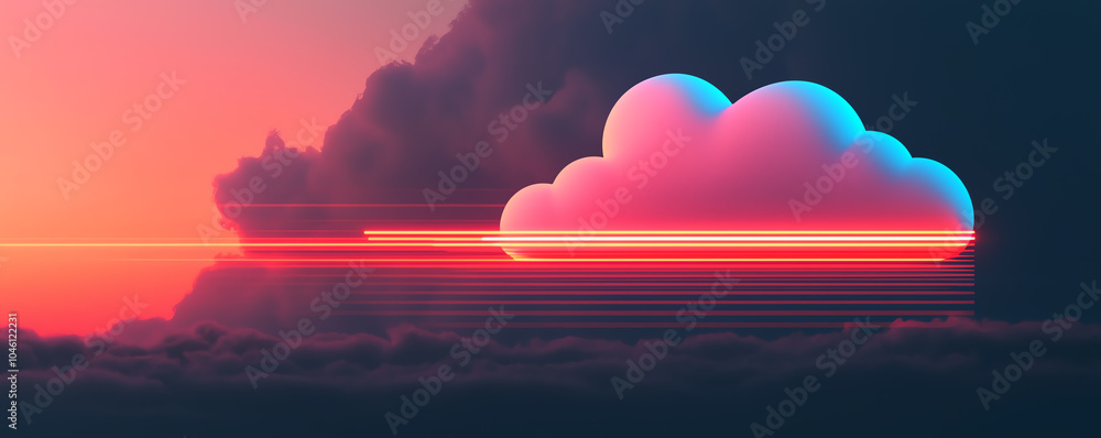 Floating storage towers connected to a glowing cloud by digital beams ...