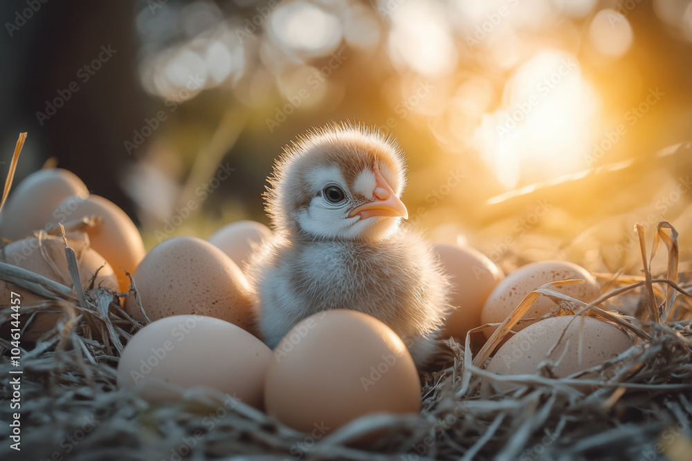 cute little chick hatching from egg, surrounded by eggs in nest, with ...