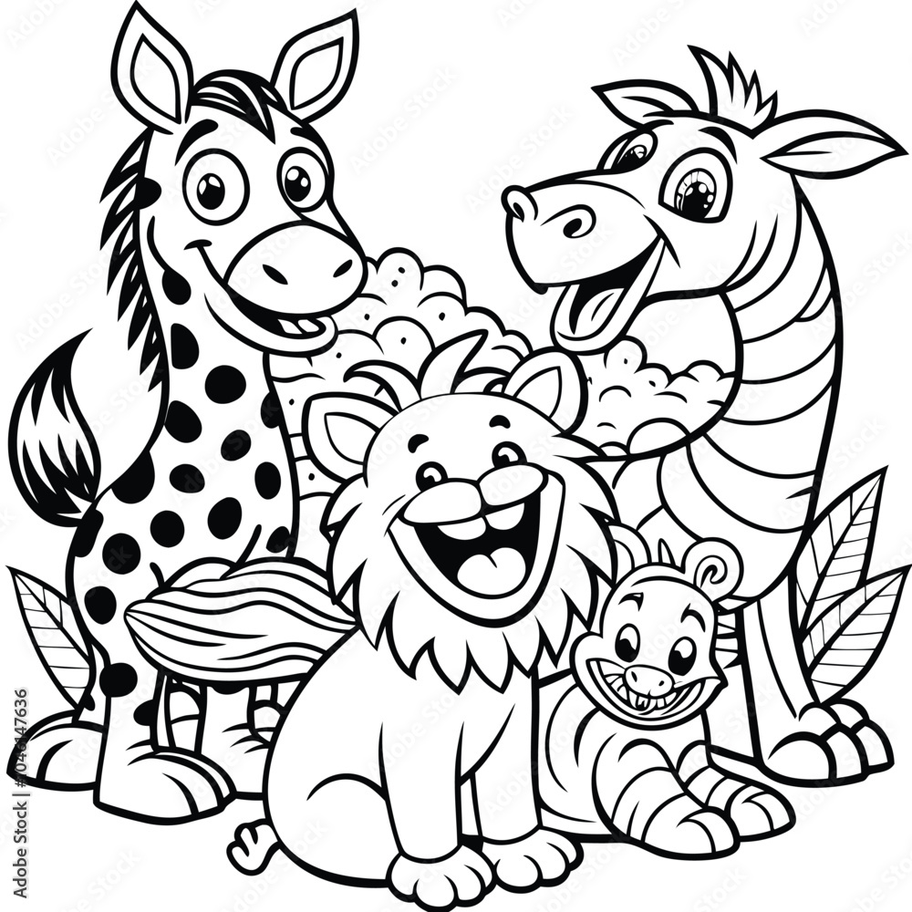 Here is the funny animal coloring book page featuring animals in a ...