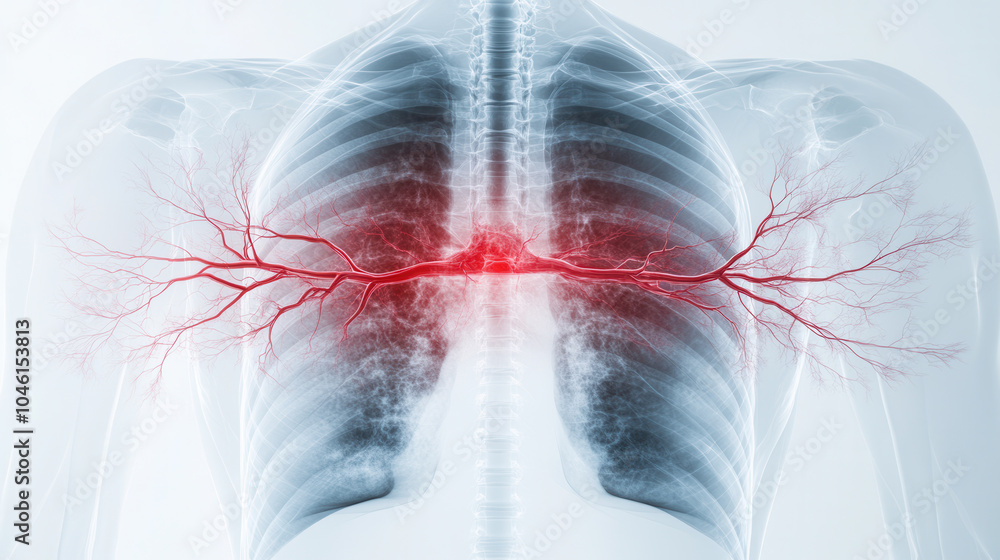 X ray of chest anatomy showing detailed vascular structures highlighted ...