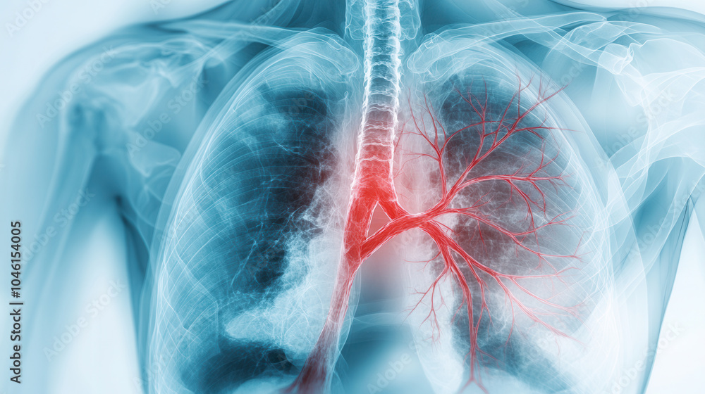 X ray of chest anatomy showing detailed lung structure with highlighted ...