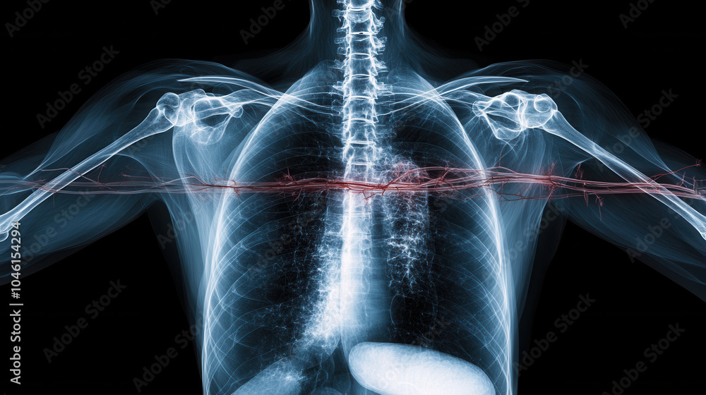 X ray of chest anatomy showing detailed structures including ribs ...