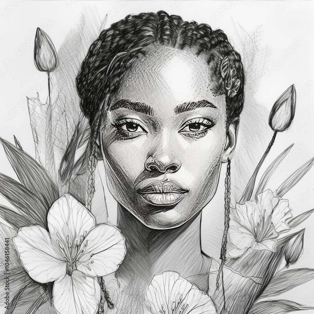 Retratos de mujeres de distintas etnias en blanco y negrocon flores ...