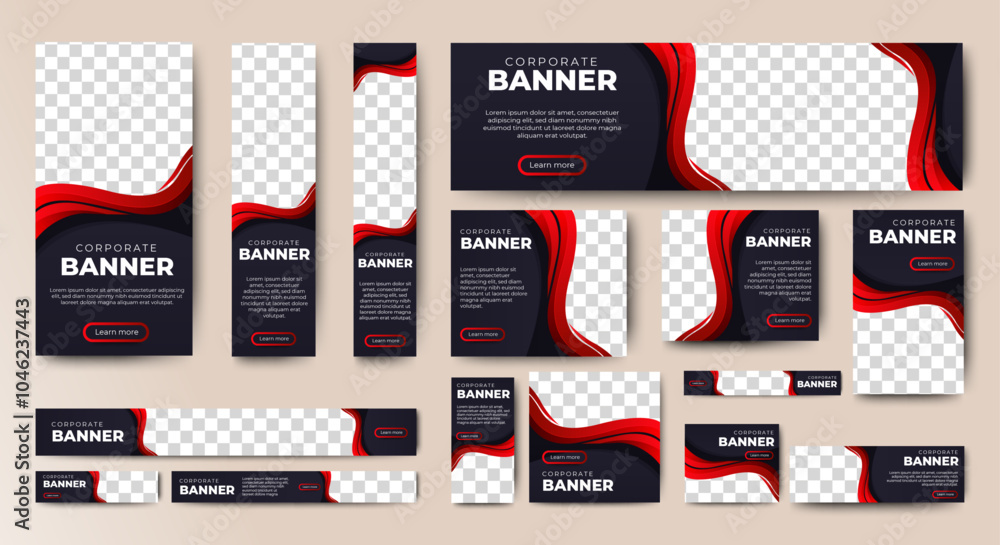 set of vector black and red web banners of standard sizes with a place ...