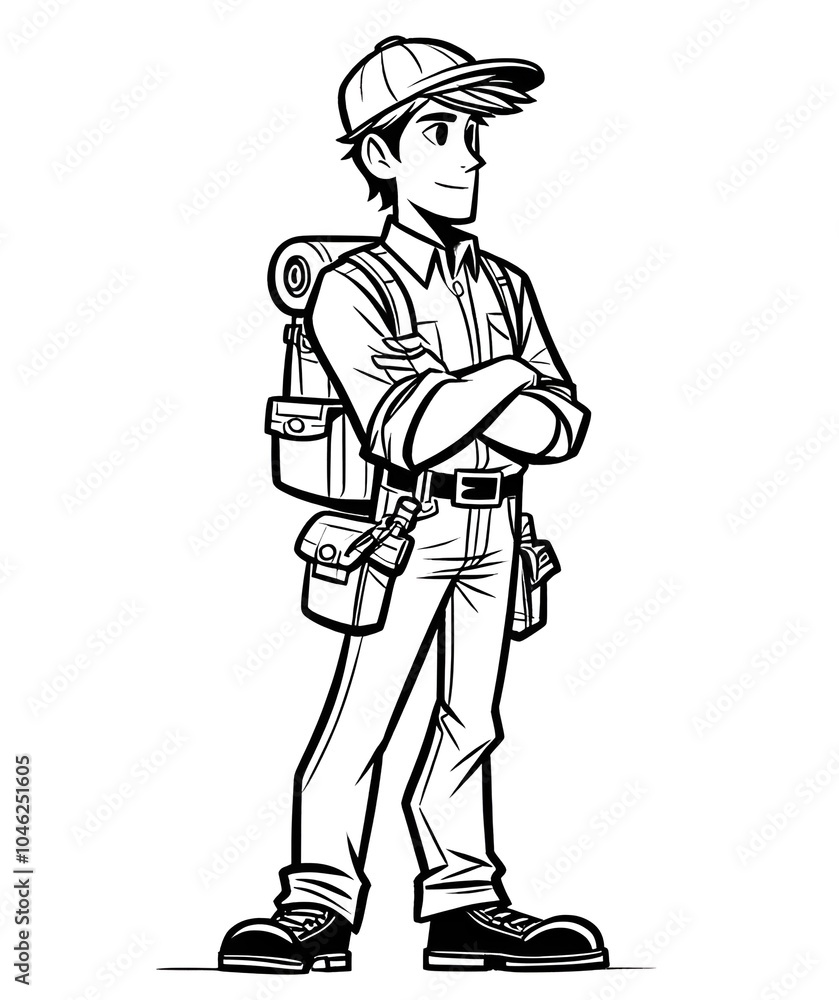 an archaeologist is standing, cartoon line art outline black and white ...