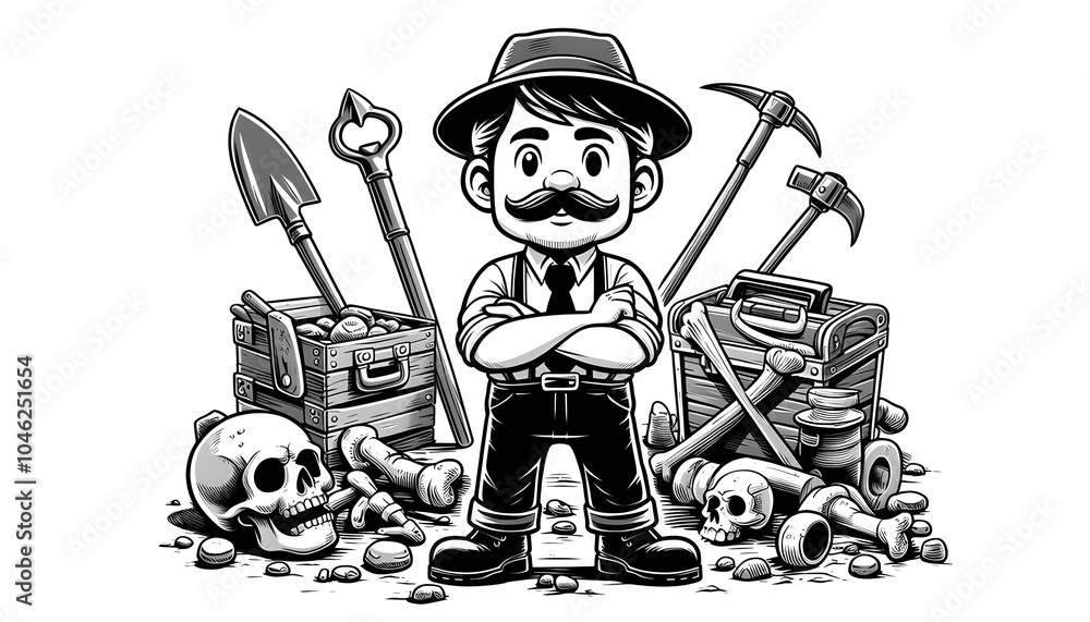 an archaeologist is standing, cartoon line art outline black and white ...