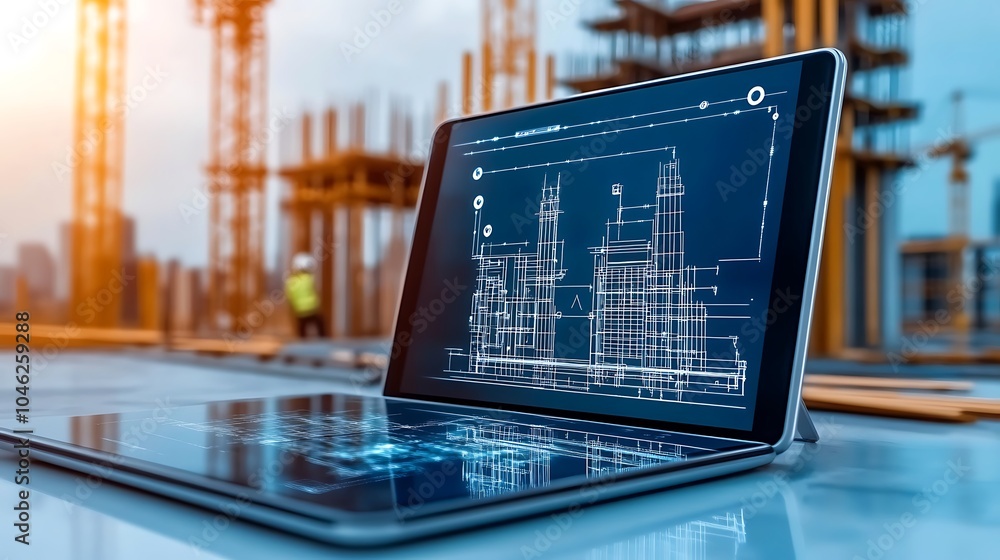 A tablet displaying a digital blueprint is placed on a construction ...