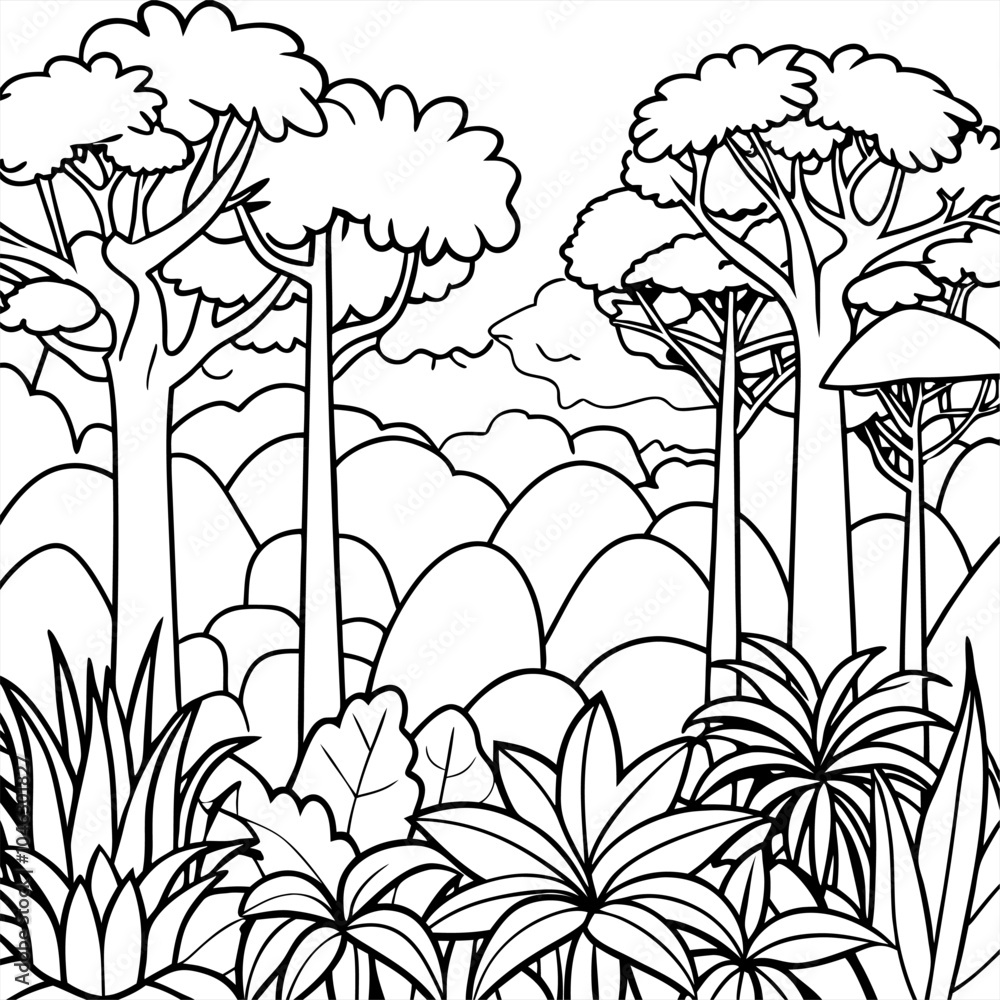Rainforest landscape scene coloring page vector art illustration ...