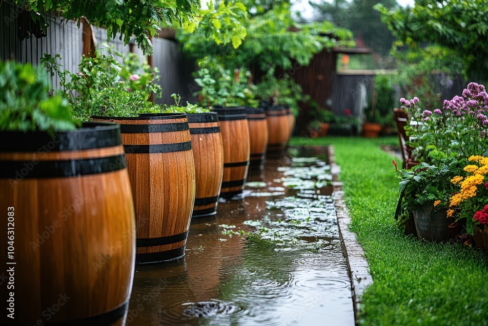 Rain barrels lining a backyard, collecting rainwater for sustainable ...