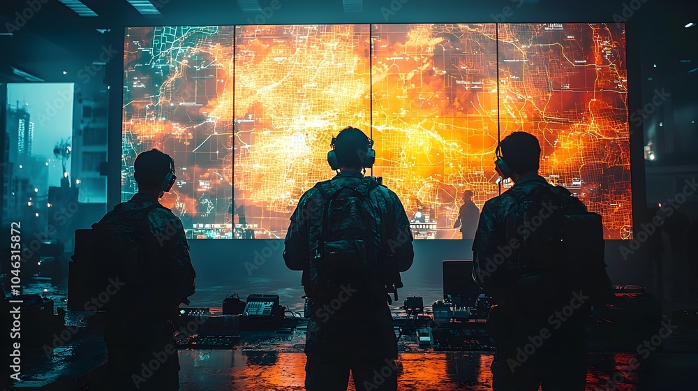 Holographic flood control room with operators using advanced technology ...