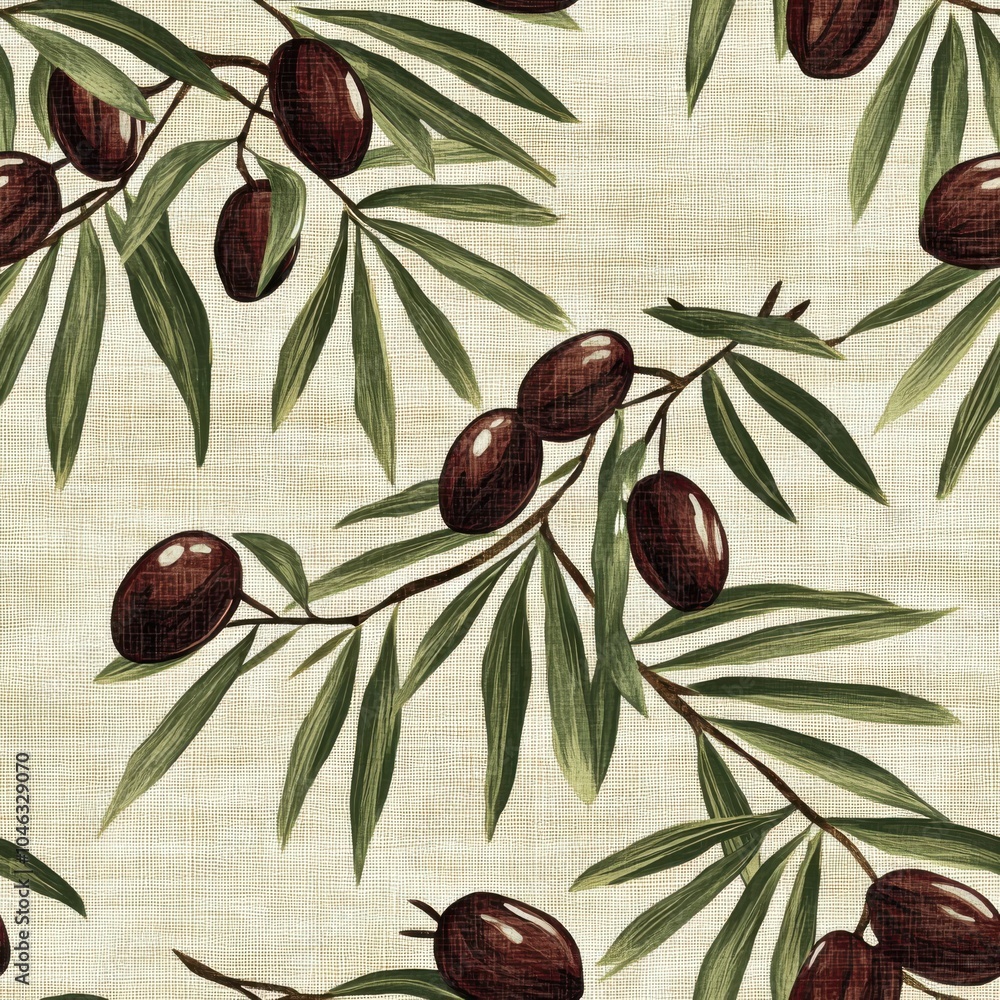 Vintage Date Palm branch on vintage beige fabric background, seamless ...