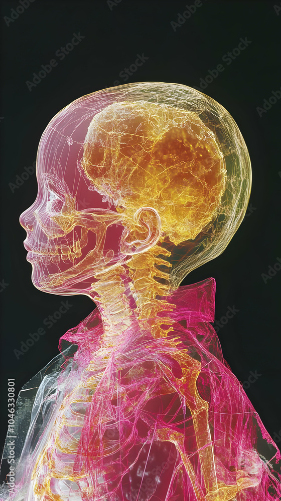 Abstract 3D Illustration of a Human Skeleton with a Detailed Brain ...