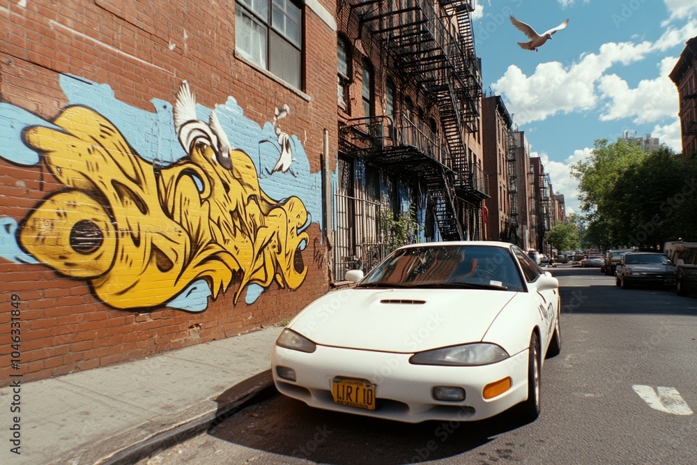 An alleyway in a busy city with graffiti-covered walls, fire escapes ...
