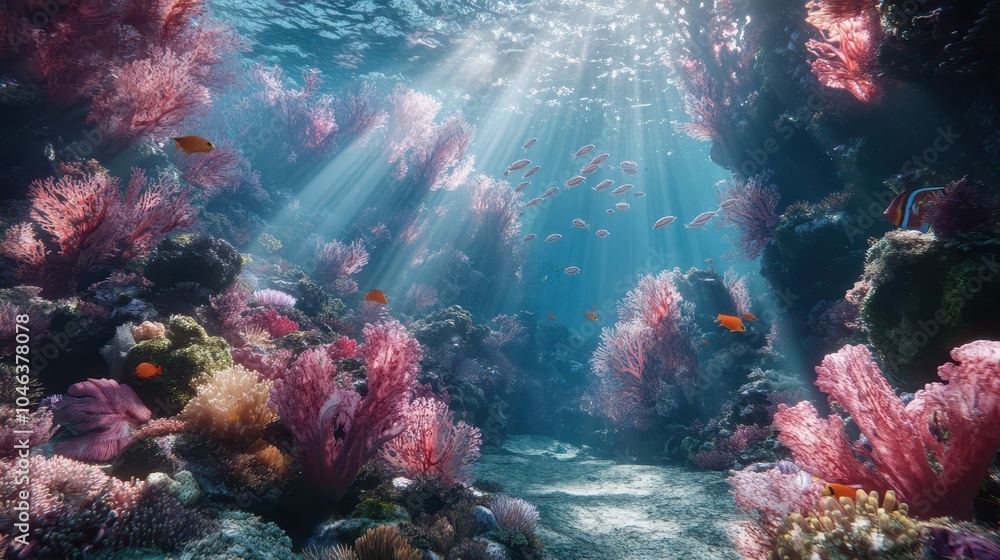 Vibrant Coral Reef with Tropical Fish: Sunlight Rays, Detailed ...
