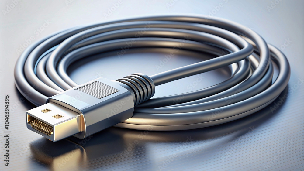 coiled silver DisplayPort cable with a sleek connector, ready to ...