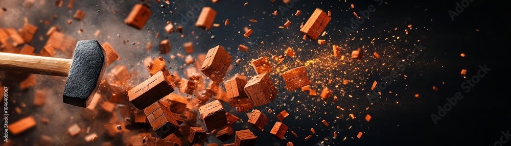 Bricks exploding outward from sledgehammer impact, vivid textures and ...