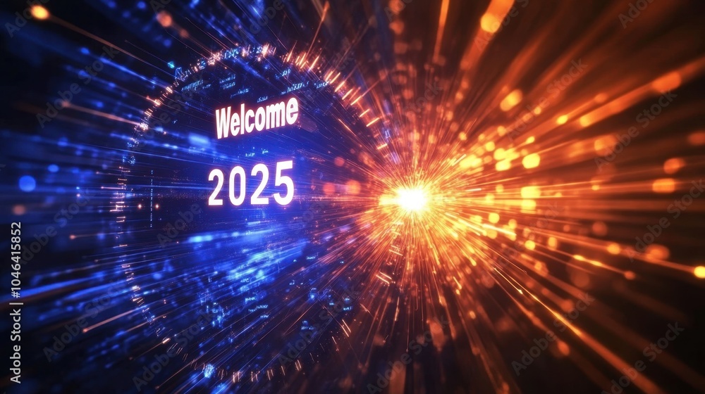 A futuristic countdown timer reaching zero as "Welcome 2025" appears, with fireworks exploding ...
